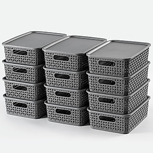[ 12 Pack ] Plastic Storage Baskets With Lids, Small Pantry Organization, Stackable Storage Bins, Household Organizers for Cabinets, Countertop, Drawers, Under Sink or On Shelves,Gray