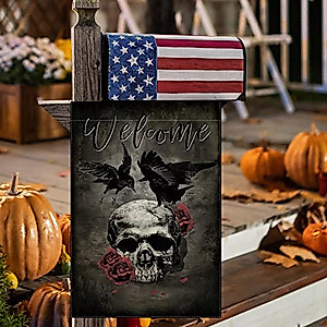 CMEGKE Skull With Crow Garden Flag Welcome Skeleton Garden Flag Skull Garden Flag Halloween Flags Double Sided Burlap Holiday Halloween Rustic Farm Home Outdoor Yard Decor 12.5 x 18 In