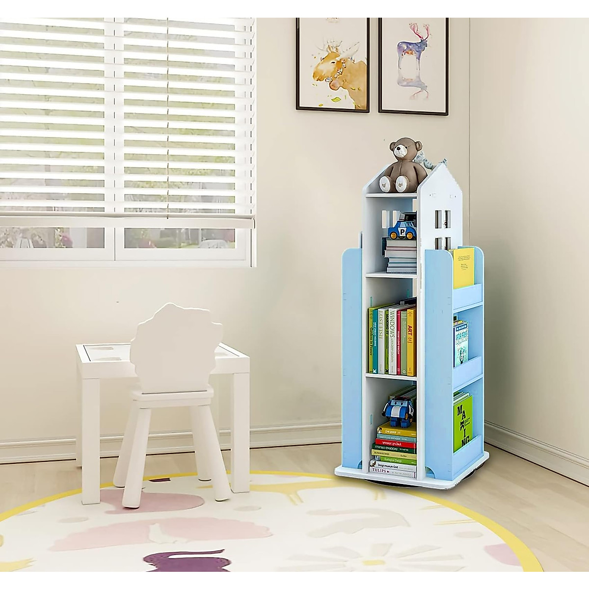 mopam 360° Rotating House Bookshelf 3-Tier Floor Standing Revolving House Bookcase Book Storage Shelf Organizer for Home Office Decor, Blue