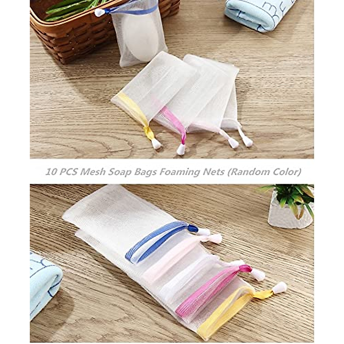 FULINJOY 10 PCS Exfoliating Mesh Soap Saver Pouch Bag Sack, Face Cleansing Foaming Nets, White Pouch with Drawstring (Color Random)