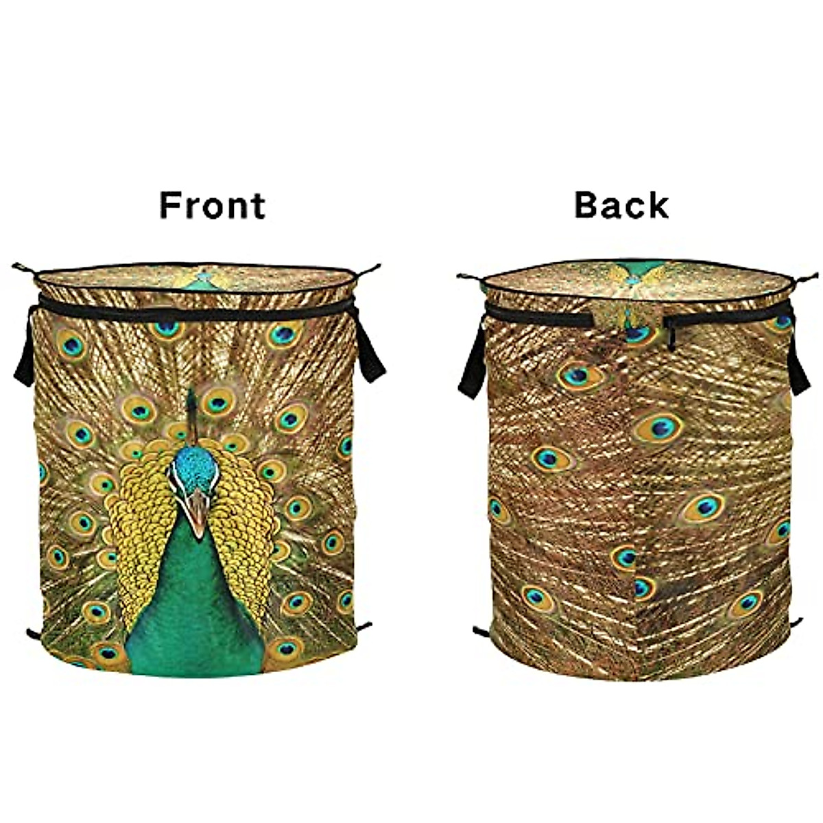 xigua Large Pop-Up Laundry Basket with Zipper Lid, Round Collapsible Storage Basket,Dirty Clothes Hamper for Bedroom, Beautiful Peacock