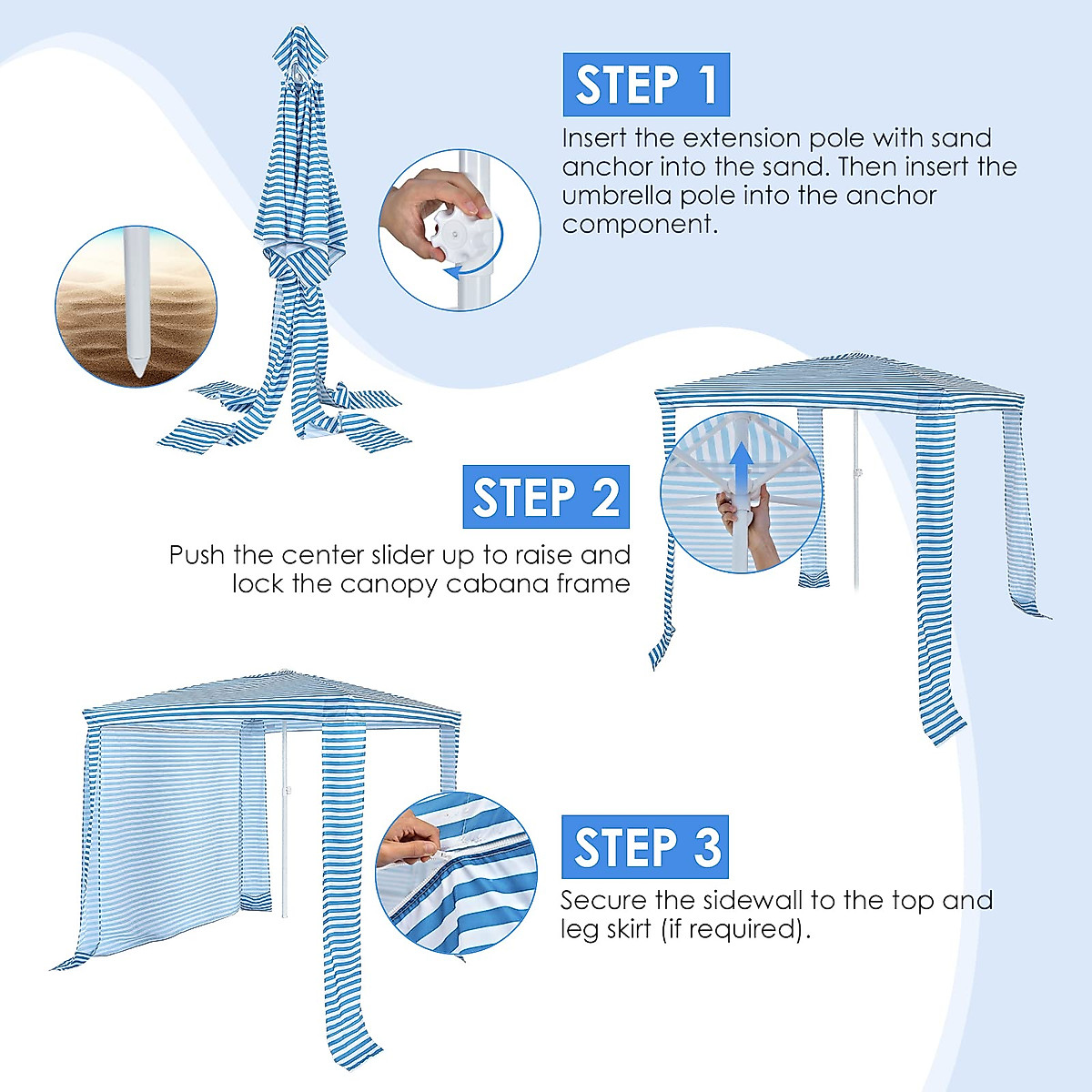 MIDDOW Beach Cabana, 6.7’ x 6.8’ Easy to Set up Beach Tent w/ Adjustable Height, Detachable Sidewall, Carry Bag, 4 Sandbags, NP10352BL Sun Shelter