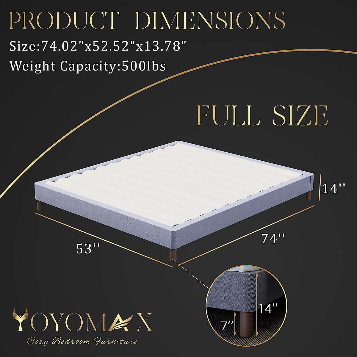 yoyomax Full Size Bed Frame, Classic Wood Platform Slats Support/Mattress Foundation/Tool-Free Assembly within 10 Mins/No Box Spring Needed, Elegant Gray