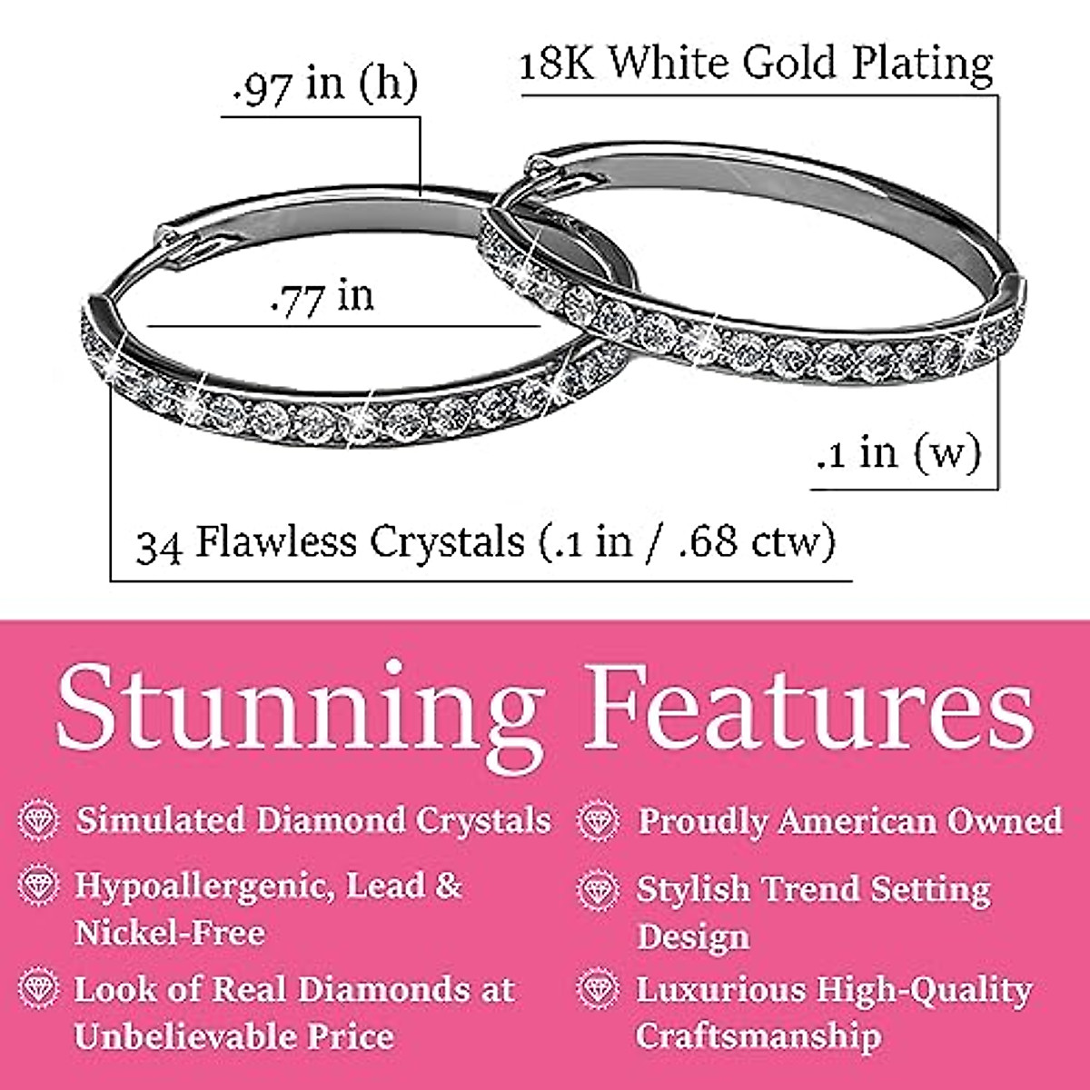 Bianca “Fair” 18k White Gold Plated Swarovski Hoop Earrings, Silver Hoop Earrings, Small Hoop Earrings