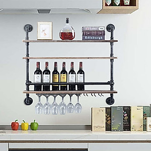 36"Wall Mounted Wine Rack with Shelf &Bottle Glass Holder,Hanging Industrial Pipe Shelves Floating Bar Shelves Rustic Wood Wine Shelf Wall Shelf Storage Unit Shelving Farmhouse Wine Glass Rack