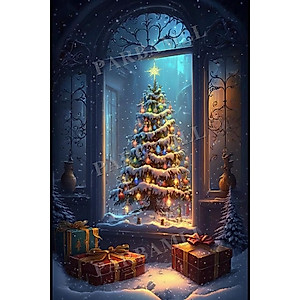 5D Adult Diamond Painting Kits, Christmas Tree Outside Window Diamond Painting Digital Painting Art Decorations, for Beginner Handmade DIY Craft Room Decor Wall Decor Or Gift Giving（12X16Inch）