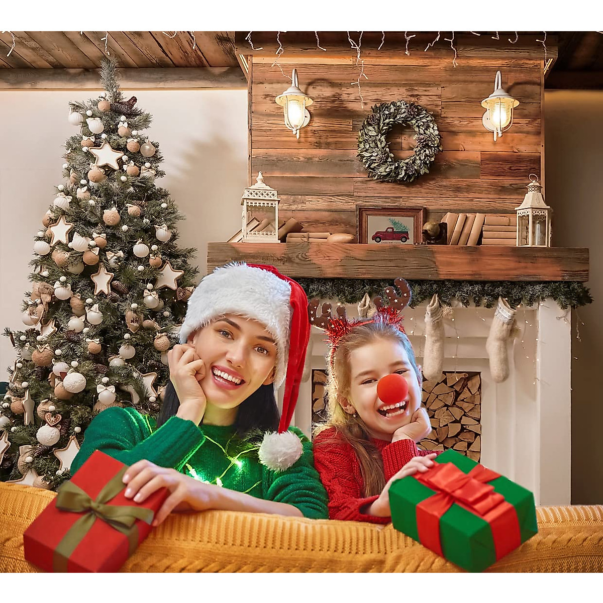 AIIKES 8X8FT Christmas Theme Photography Backdrop - Xmas Tree Wreath Gift Box White Socks Holiday Party Studio Props 12-381