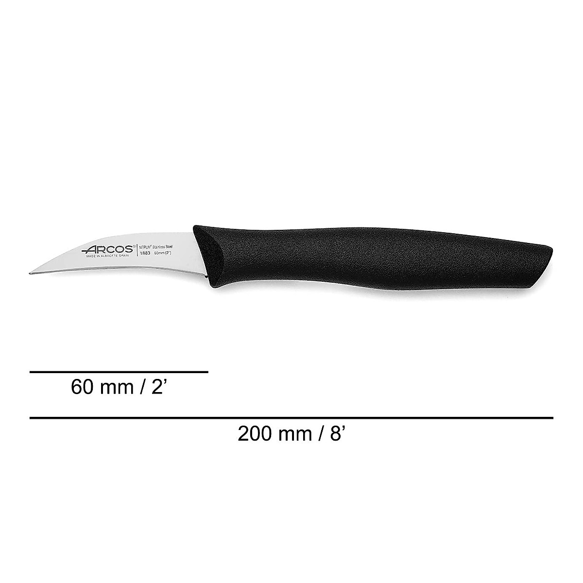 ARCOS Bird's Beak Paring Knife 2 Inch Stainless Steel. Professional Kitchen Knife for Cut, Peel and Clean Food. Ergonomic Polypropylene Handle and 60 mm Blade. Series Nova. Color Black.