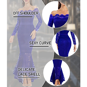 LALAGEN Women's Floral Lace Long Sleeve Off Shoulder Wedding Mermaid Dress Blue M