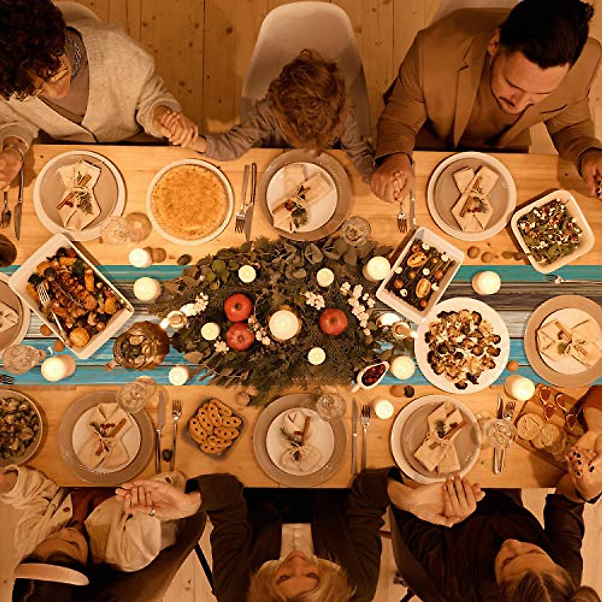 Linen Burlap Rustic Table Runners 13X70 Inches Long Dresser Scarfs, Retro Barn Wood Brown Teal Table Runner Farmhouse Style for Coffee Table, Holiday Parties, Wedding, Events Dinner, Home Decor