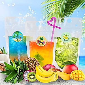 100 Pcs Drink Pouches for Adults Stand-Up Juice Pouches, Hand-Held Reclosable Drink Bags Plastic Zipper Juice Bags with Straws Silicone Funnel(Come with 100 Pcs Round Stickers)