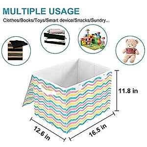 CaTaKu Cute Rainbow Waves Storage Bins with Lids Fabric Large Storage Container Cube Basket with Handle Decorative Storage Boxes for Organizing Clothes Shelves