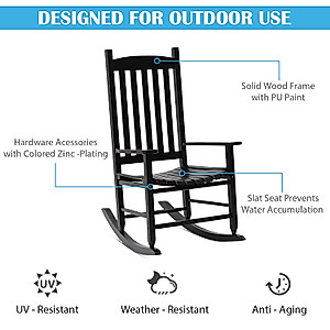 Outdoor Rocking Chairs, Wooden Rocking Chair with a Curved Seat & a High Slatted Backrest, Rocking Chairs with Wide Arms, Black Rocking Chair with Load Bearing 243 lbs for Patio Backyard Porch Garden
