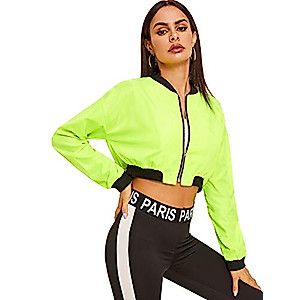 Floerns Women's Long Sleeve Lightweight Crop Bomber Jacket B Neon Green L