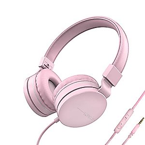 LORELEI L-01 On-Ear Kids Headphones with Microphone, Lightweight Folding Stereo Bass Headphones with 1.5M No-Tangle Cord, Portable Wired Headphones(Pink)