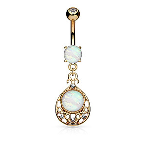 Amelia Fashion 14GA Vintage Glitter Center Opal Dangle Belly Button/Navel Ring 316L Surgical Steel (Choose Color) (Rose Gold & Opal)