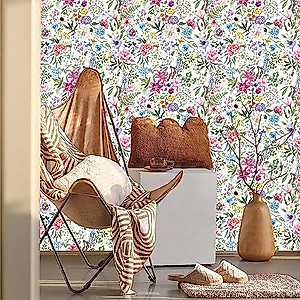 MuralPeel Boho Pink/White Colorful Flowers Floral Botanical Plants Peel and Stick Wallpaper Easy Peel Off Vintage Self Adhesive Removable Wall Paper for Kitchen Cabinet Furniture Renter Friendly