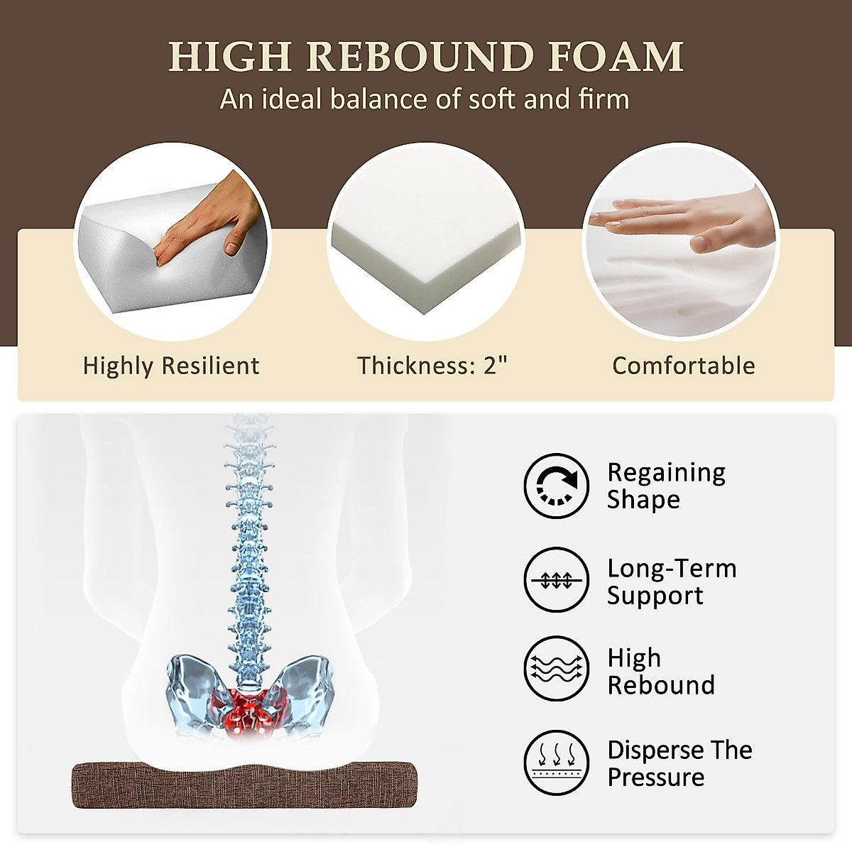 Wellsin Chair Cushions for Dining Chairs 6 Pack - Kitchen Chair Cushions with Ties and Non-Slip Backing - Dining Chair Pads 16"X16"X2", Brown