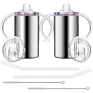 12oz Stainless Steel Insulated Sippy Cups with Handles, 2 Pack Spill Proof Vacuum Tumbler for Toddlers, Kids Straw Cup with 2 Lids, Double Wall Kids Travel Mug Tumbler with Handles for School, Outdoor