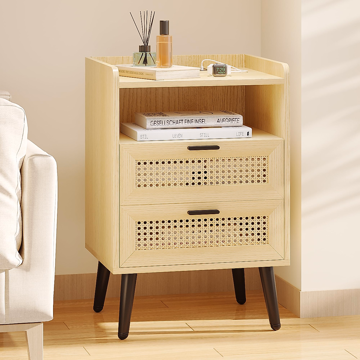 Vlskra Rattan Nightstand with Charging Station, Boho Night Stand with 2 Storage Drawers, Tall Boho Nightstand with Light, 3 Colors Dimmable Lighting, Human Sensor Light (Light Wood)