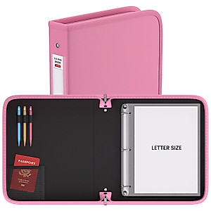 ZOOPIP Fireproof 3 Ring Binder with Zipper, 1.5 Inch D Rings Hold up 375 Sheets of 8.5" x 11" (A4), Compatible with Clear Page Protectors, Built-in Net and Pen Holder(Pink, 1 Pcs)