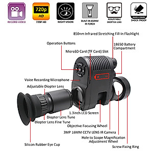 Megaorei 3 A 720p HD Hunting Night Vision Scope Camcorder Monocular Clip on Attachment with Built-in 850nm Infrared IR Flashlight (Without TF Card and Battery)