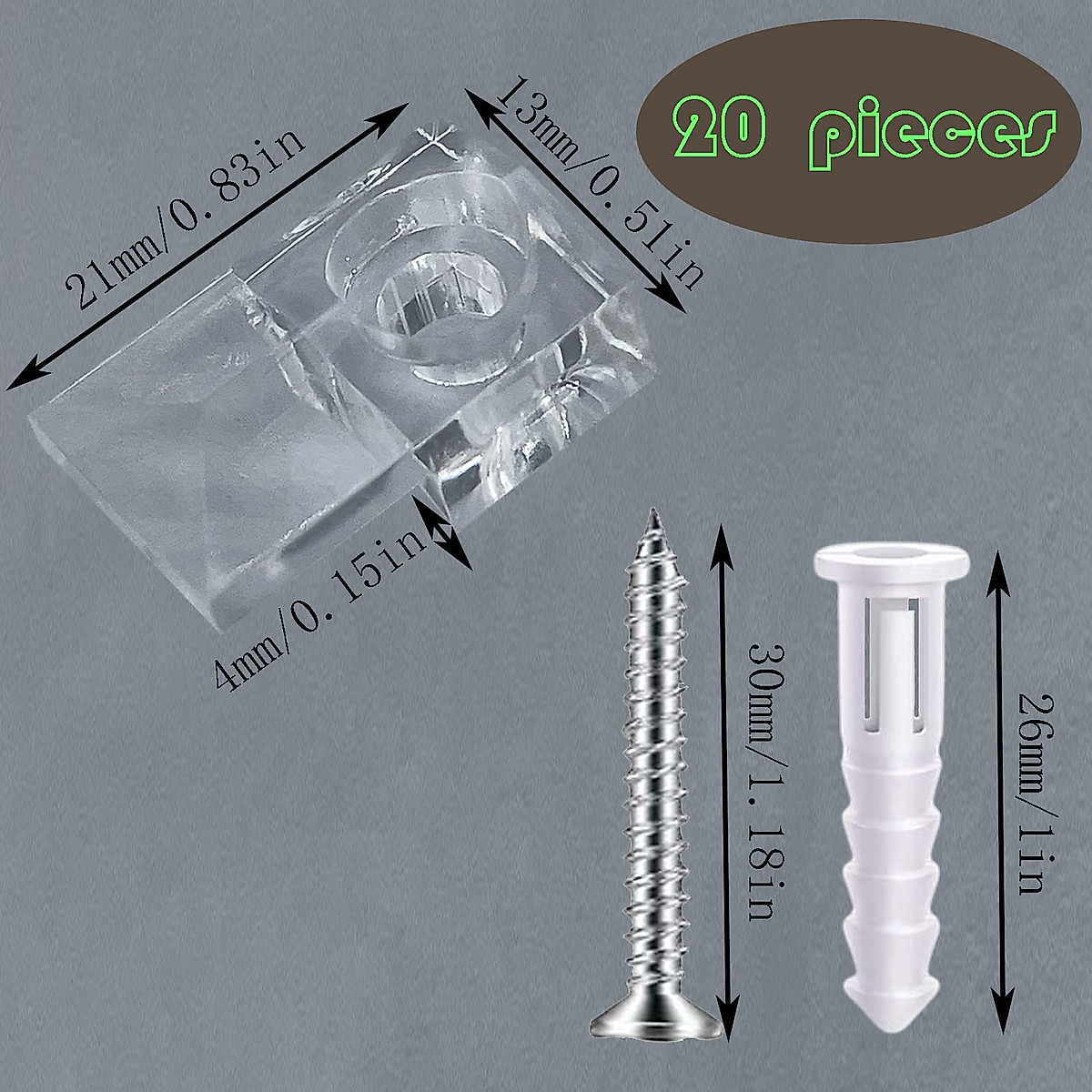 20-Piece Mirror Holder Clip Glass Crystal Clear Plastic Mirror Clip Fixing Clip Kit with Screws and Mirror Hanging Kit (Silver)