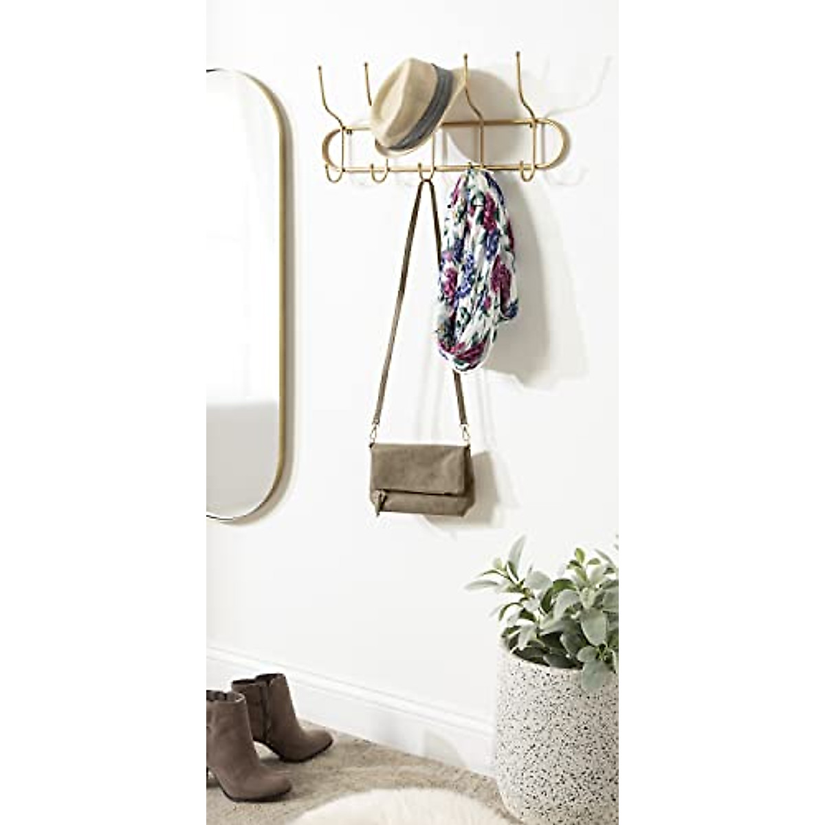 Kate and Laurel Vaida Boho Wall Mounted Coat Rack, 25 x 4 x 12, Gold, Five Decorative Glam Double Sided Coat Hooks and Hat Rack with Trendy Capsule Shape