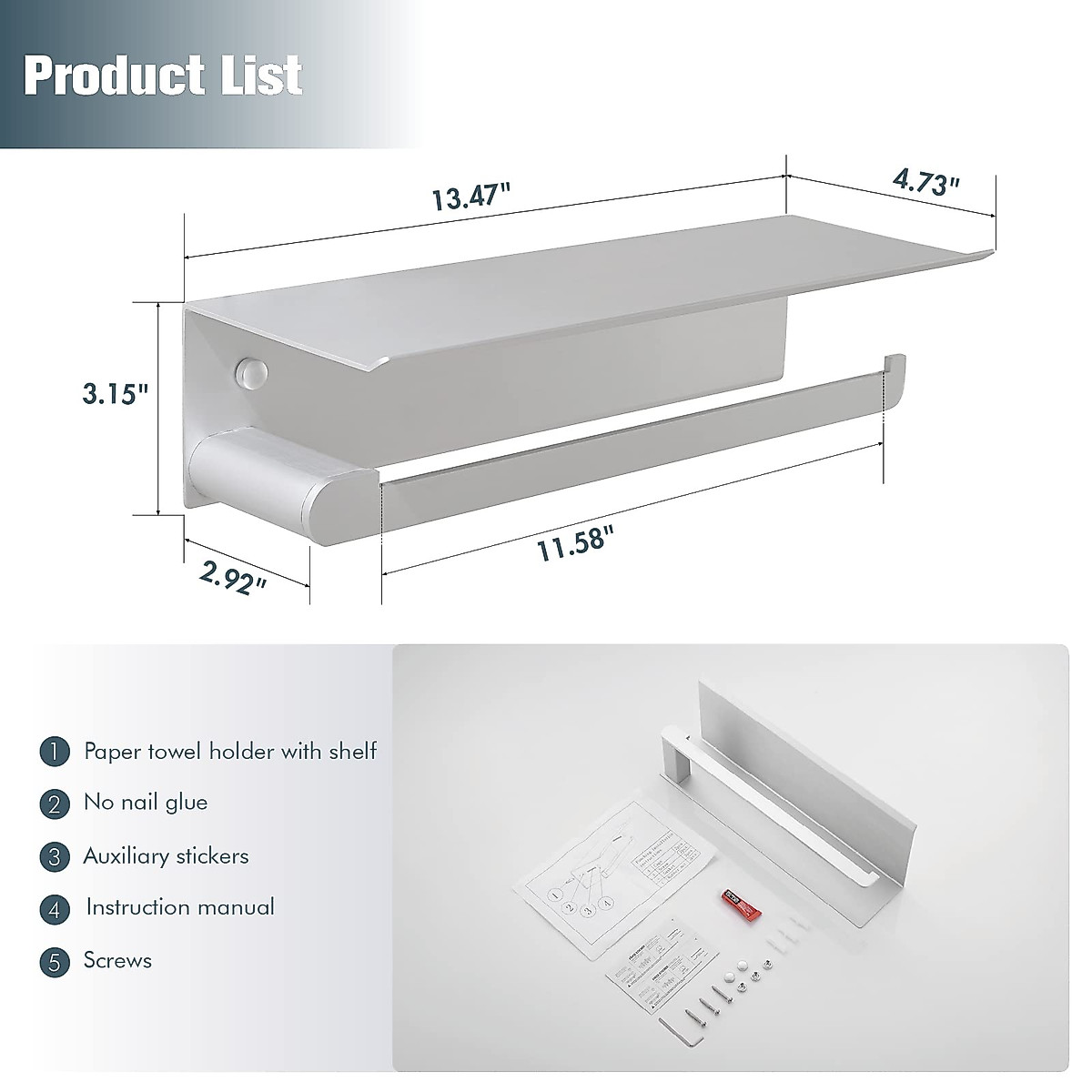 UNIGANT Paper Towel Holder with Shelf for Kitchen , Paper Towel Holder Wall Mount for Bathroom, Self-Adhesive Anti-Rust Aluminum, No Drill or Wall-Mounted with Screws (Sandblasted Silver)