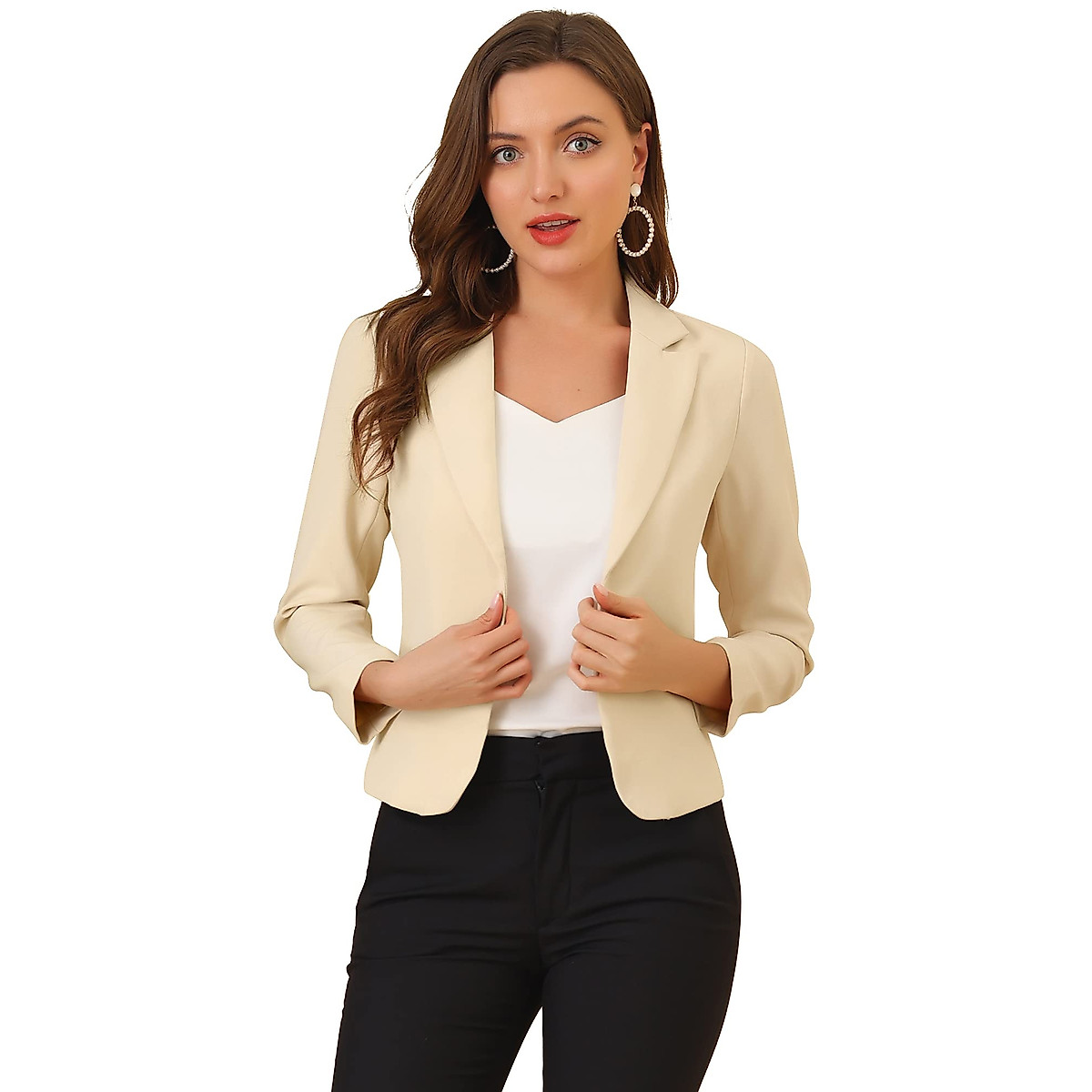 Allegra K Women's Open Front Office Work Business Casual Lightweight Crop Suit Blazer Jackets X-Small Beige-Solid
