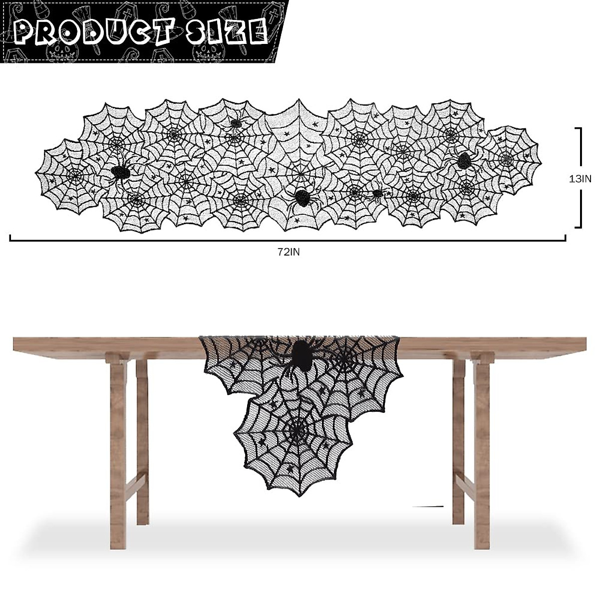 Nialnant Halloween Decoration Table Runner with 12 Pack 3D Bats, Spider Web Black Lace Table Runner for Kitchen Dinner Table, Halloween Party Decoration Indoor - 13 x 72 Inch