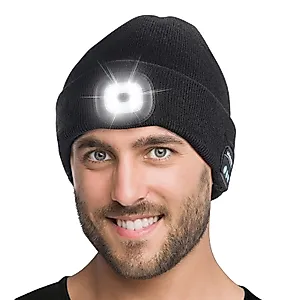 Tutuko Unisex Bluetooth Beanie Hat with Light, Built-in Speaker Mic, Headlamp Cap with Headphones, Tech Gift for Men Women Black…