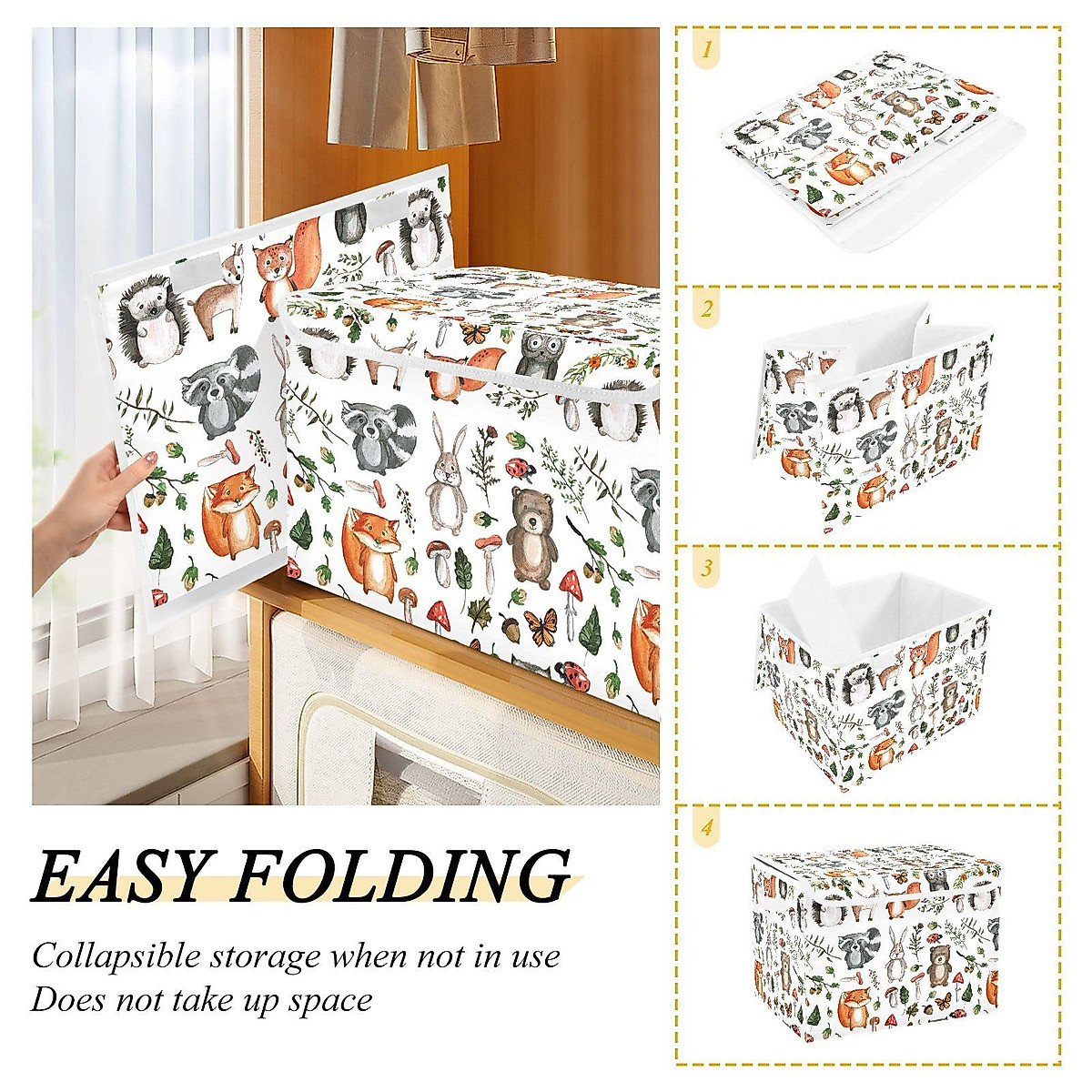 senya Large Storage Bins with Linen Collapsible Foldable Storage Cubes Fabric Closet Organizer Containers box with Flip-Top Lid for Home Bedroom Office 16.5 x 12.6 x 11.8in (Woodland)