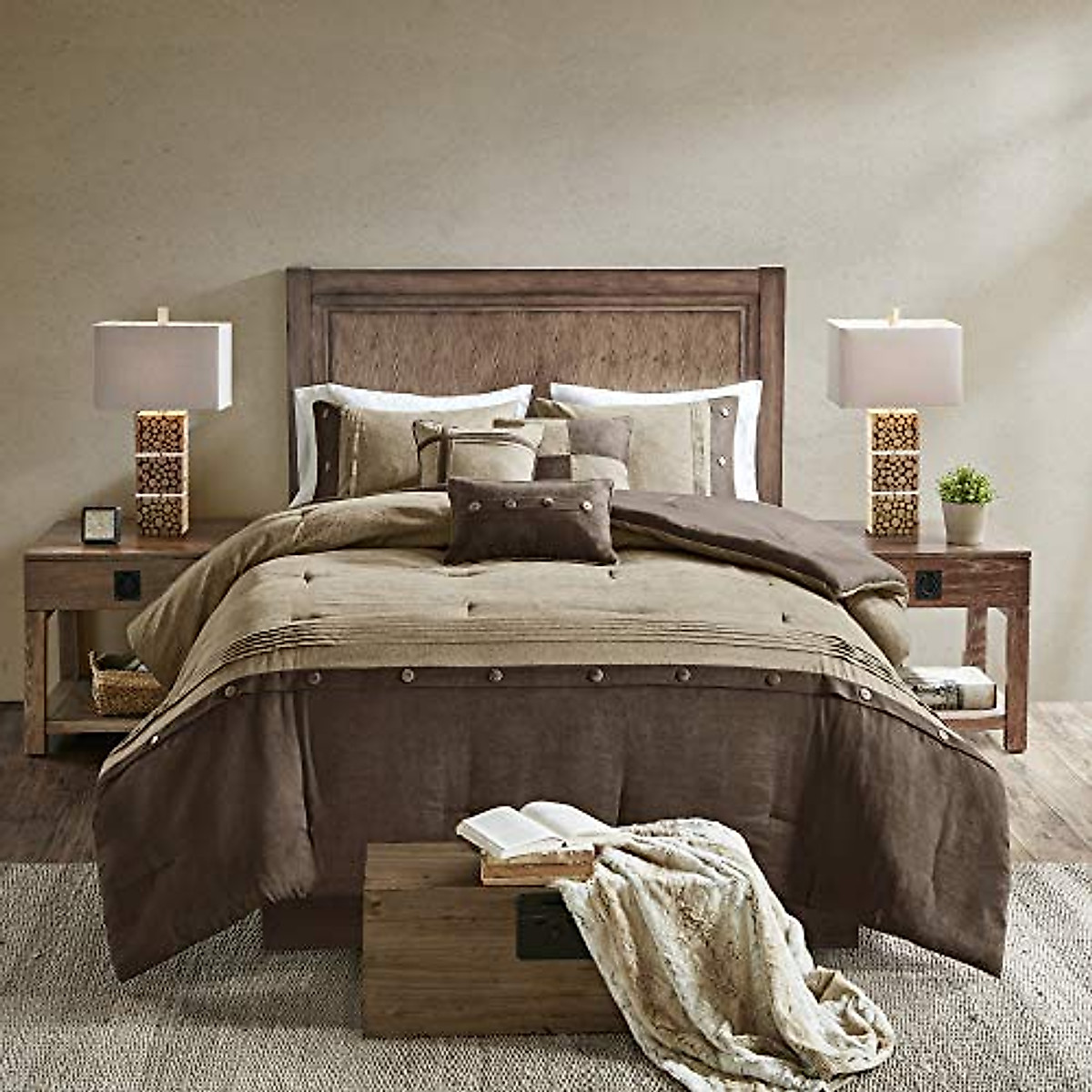Madison Park Boone Cozy Comforter Set, Faux Suede, Deluxe Hotel Styling All Season Down Alternative Bedding Matching Shams, Decorative Pillow, King (104 in x 92 in), Rustic Brown 7 Piece