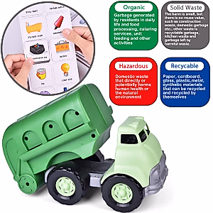 Liberty Imports Big Plastic Garbage Truck Toy, Waste Management Recycling Green Dump Vehicle with 4 Trash Cans and Recycle Sorting Cards for Little Kids, Toddlers