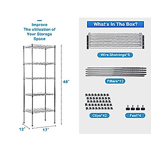 5-Tier Metal Wire Shelving Unit Kitchen Shelf Organizer Kitchen Storage Rack Utility Shelf Snack Shelf, NSF Certified Storage Shelves for Storage, Garage Shelving Storage Shelf Pantry Shelves