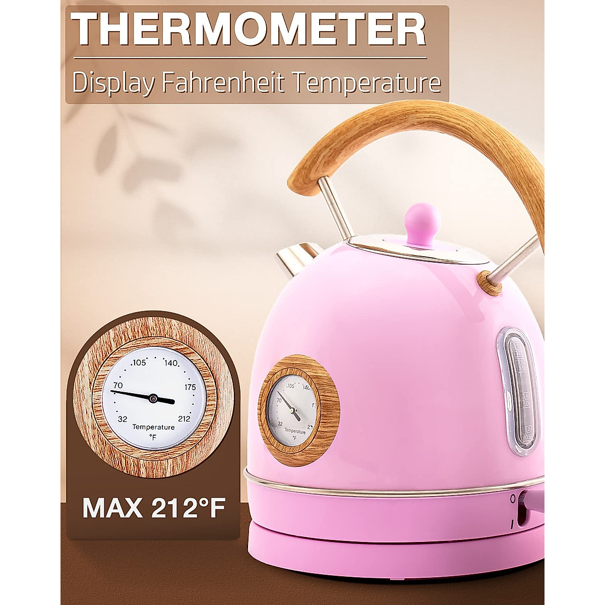 Electric Tea Kettle, 1.7Liter Stainless Steel Tea Kettle Hot Water Boiler with Thermometer, BPA Free, SMOLON 1500W Pour-Over Kettle Teapot with LED Indicator Auto Shut-Off & Boil-Dry Protection, Pink