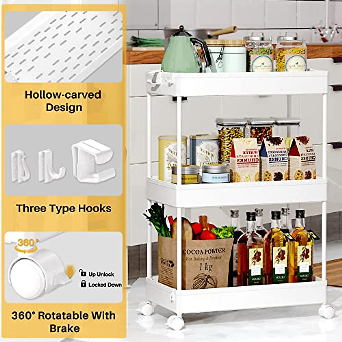SPACEKEEPER Storage Rolling Cart, 3 Tier Laundry Room Organization Utility Cart Bathroom Organizer Mobile Shelving Unit Shelves Multi-Functional Trolley, White