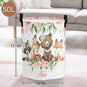 zaaprintblanket Laundry Basket Customized Name Organizer Storage Round Baskets Foldable Laundry Hamper with Handle for Nursery Bedroom Decor (Woodland Animals Pink Blush Floral)
