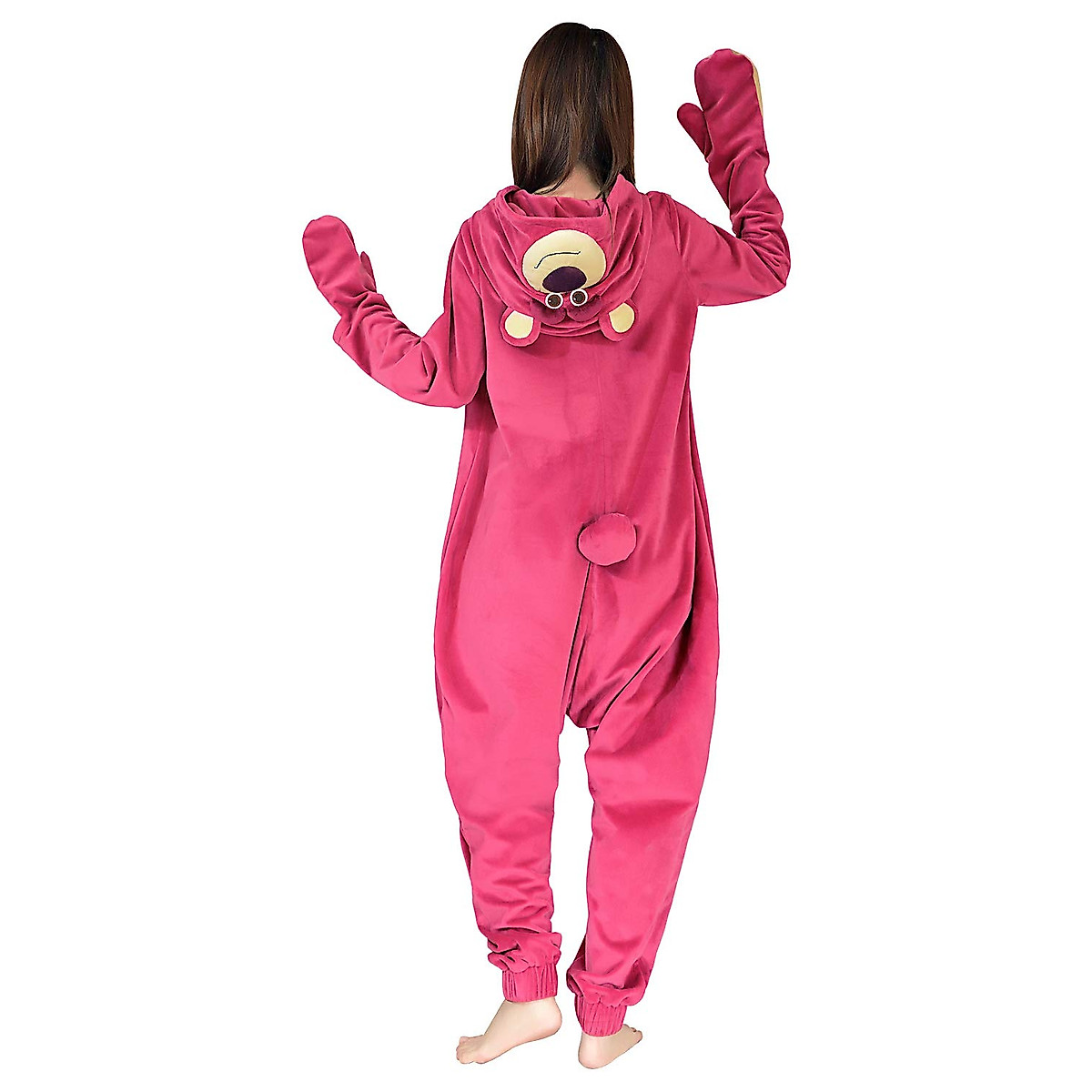 Ruleewe Unisex Bear Onesie Pajamas Pink Bear One Piece Cosplay Animal Hooded Velvet Jumpsuit Sleepwear