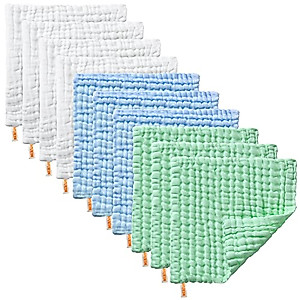MUKIN Baby Washcloths - Soft Face Cloths for Newborn, Absorbent Bath Face Towels, Baby Wipes, Burp Cloths or Face Towels, Baby Registry as Shower. Pack of 10 (Green,Blue,White)