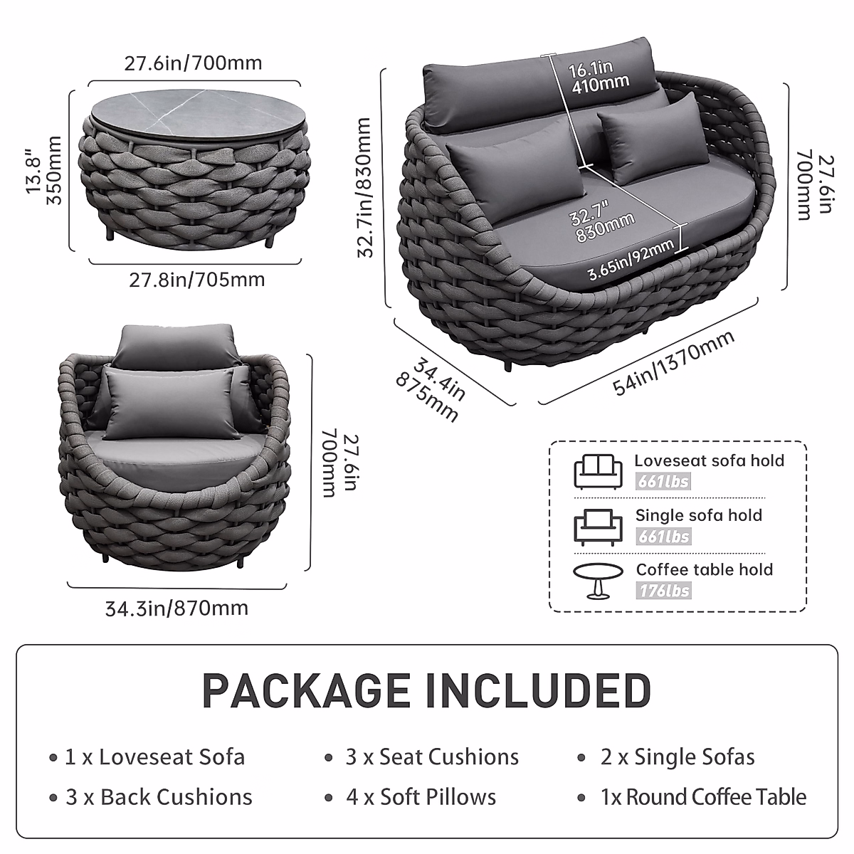 Vmopu Patio Sofa Set for Outdoor and Indoor Use All-Weather Textilene 4 Pieces Conversation Set, Sectional Sofa and Coffee Table Aluminum Frame Garden Furniture, Dark Gray