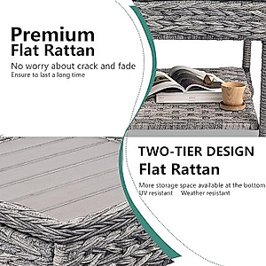 Generic Wicker Patio Side Table with Top - Multipurpose Outdoor End Table for Balcony, Porch, and Backyard Settings with 2-Tier Storage Shelf (Wooden Top), Grey, BZ001