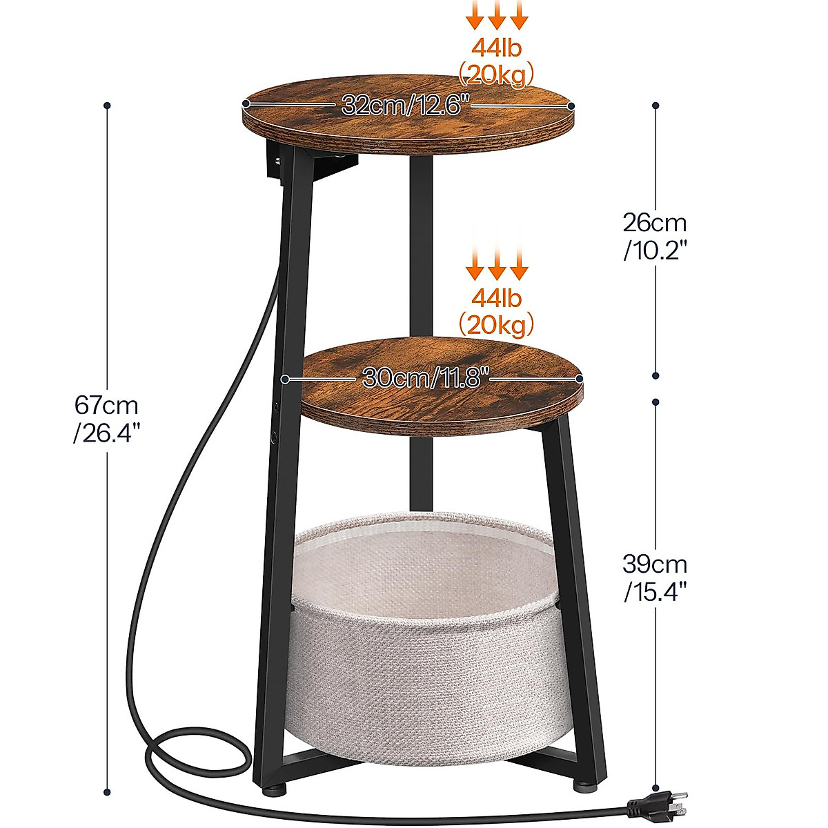 HOOBRO Small Round Side Table with Charging Station, Round End Accent Table with Fabric Storage Basket, Compact Sofa Bedside Table for Small Space in Living Room, Bedroom, Rustic Brown BF169UBZ01
