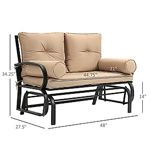 Outsunny Swing Glider Rocking Chair, Double Patio Bench, 2 Person Loveseat with Steel Frame, Cushions, Pillow Armrests, Khaki