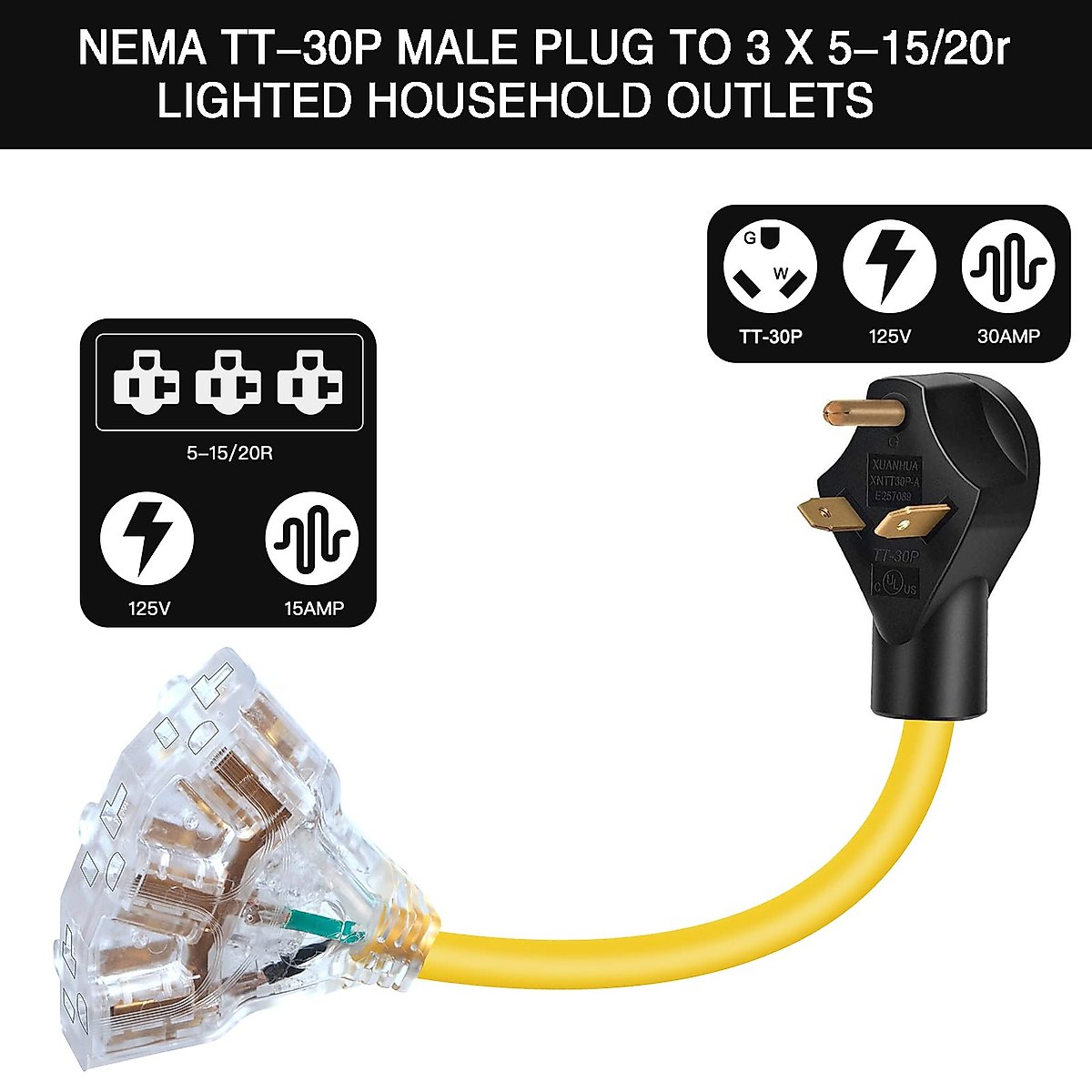 EXCELFU 30 Amp to 110 Adapter, 30 Amp to 15 Amp RV Adapter Extension Cord, NEMA TT-30P Male to 5-20r Female LIT 3-Way Outlet Splitter with Lighted End for RV Generators, 125 Volt, 10AWG, 2ft