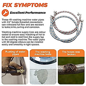 Beaquicy Washer Stainless Steel Hoses with 90 Degree Elbow - 4 Ft Long Red and Blue (2 Pack) Burst Proof - Hot and Cold Striped Water Supply Lines for Washing Machine - 10YEAR WARRANTY