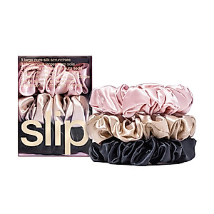 Slip Silk Large Scrunchies in Black, Pink, and Caramel - Elastic Scrunchies Set (3 Scrunchies)