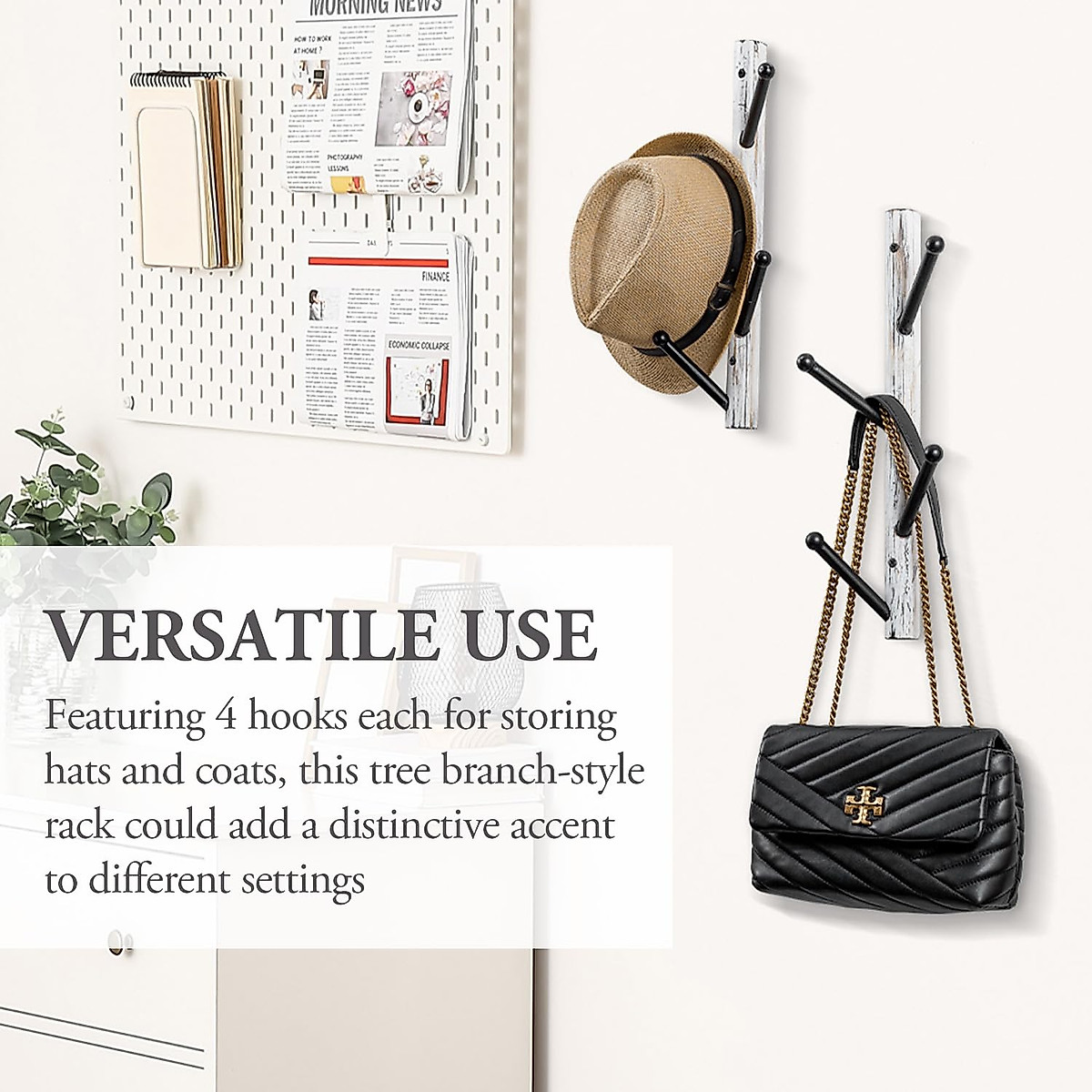 MyGift 4 Hook Wall Mounted Shabby White Washed Solid Wood and Black Metal Hat Coat Hanger Tree, Vertical Entryway Hanging Garment Rack with Branch Style Hooks, Set of 2