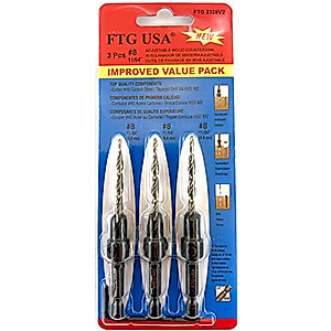 FTG USA Countersink Drill Bit Set 3 Pc #8 (11/64") Countersink Drill Bit with Tapered Drill Bits, Quick Change Hex Shank Countersink Bit, 1 Hex Wrench, Counter Sinker Drill Bit Set for Woodworking